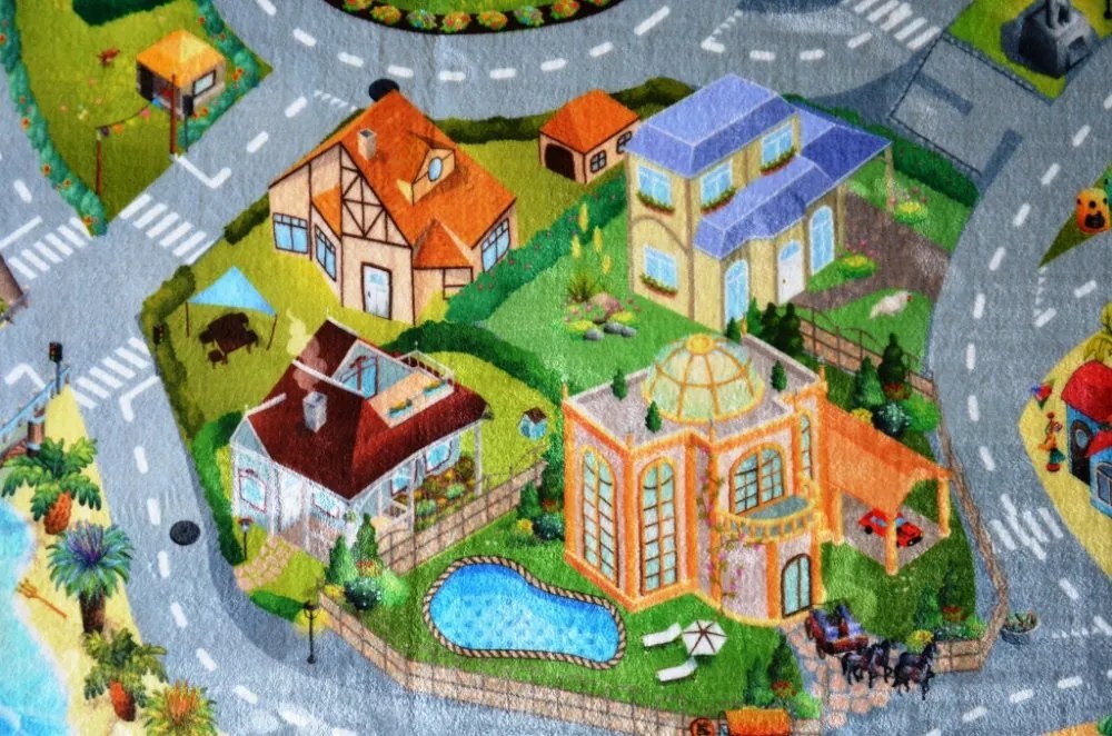 Vopi | Dětský koberec Ultra Soft Město s pláží - 130 x 180 cm, zelenomodrý (86031)