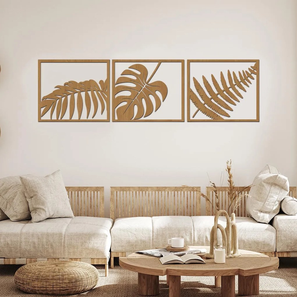 dřevo života 3dílný dřevěný obraz exotickych rostlin Barevný vzor: Bílá, Rozměry (cm): 80x72
