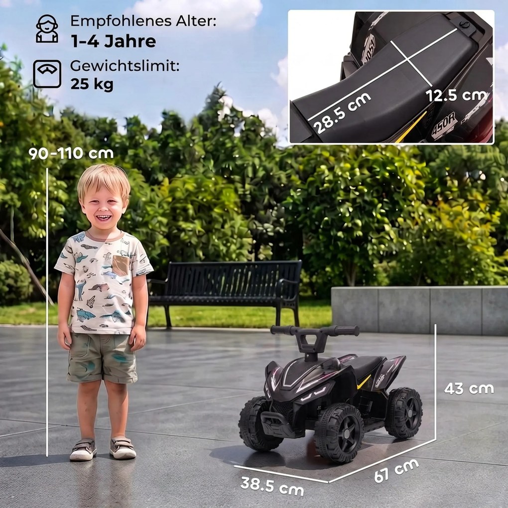 AIYAPLAY Dětské elektrické čtyřkolky 6V, dětská čtyřkolka s lithium-akumulátorem, funkce vpřed, ovládání tlačítkem na řídítkách, 1,5-2 roky, černá
