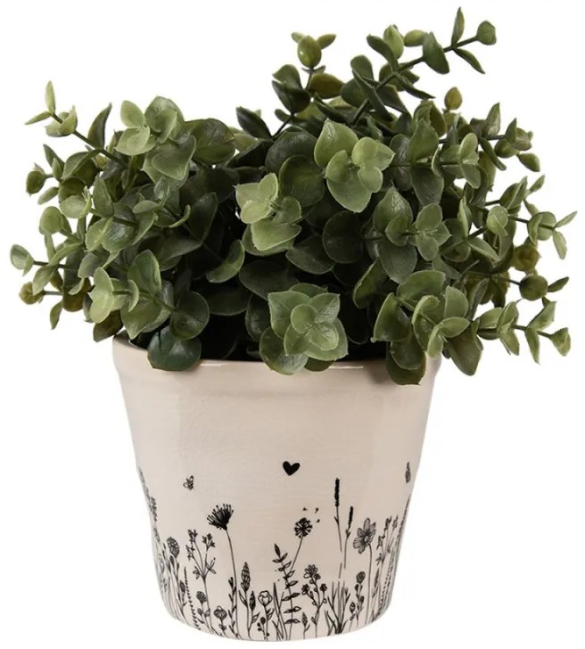 Béžový keramický obal na květináč s kresbou rostlinek Flora a Fauna – 12x11 cm
