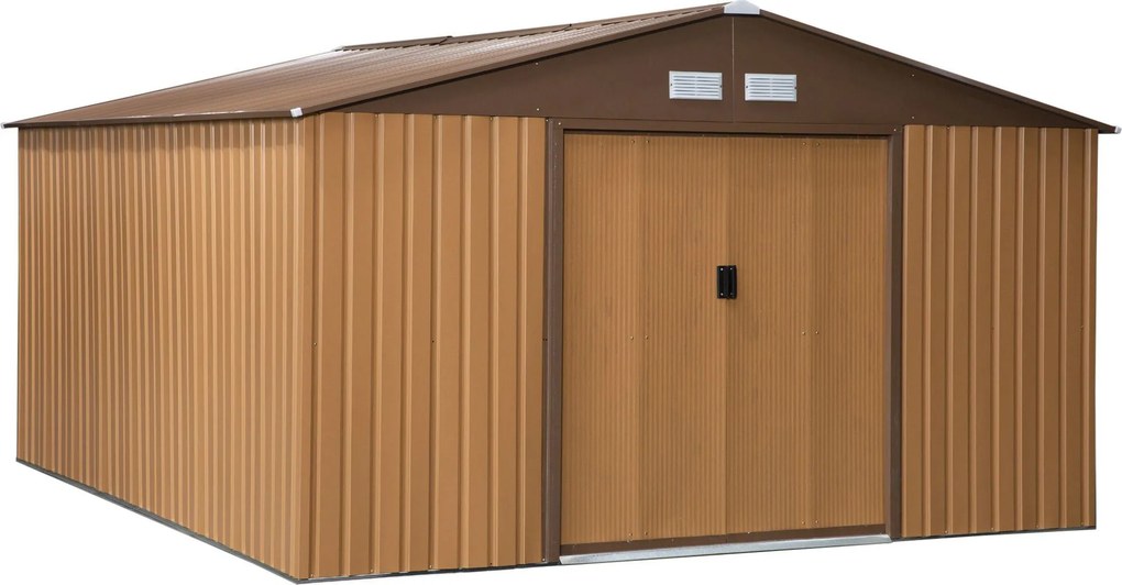 Outsunny kovový kůlna na nářadí 26,2 m³ 340x386x200 cm se sedlovou střechou, základovou podložkou, posuvnými dveřmi, odolný proti vlivům počasí, zahra