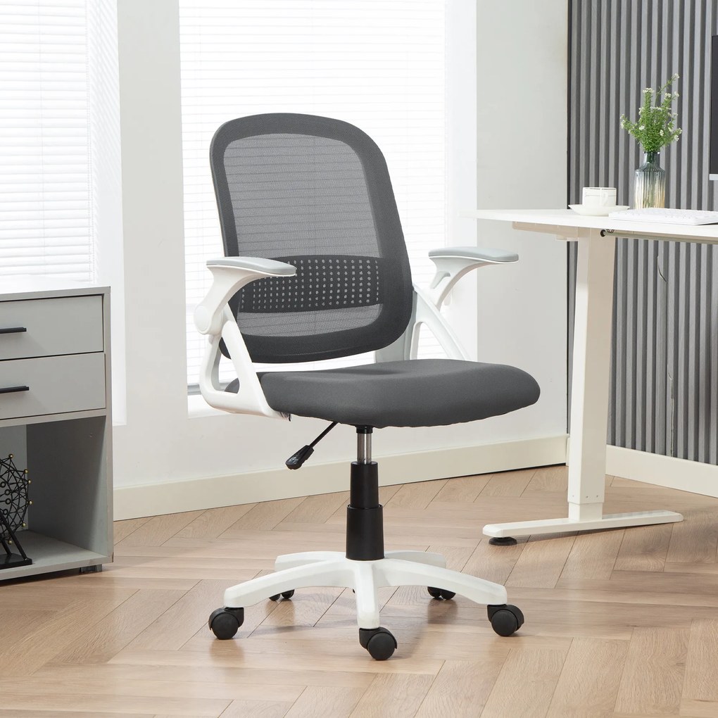 HOMCOM ergonomická síťovaná kancelářská židle se sklápěcími područkami, bederní oporou, výškově nastavitelná otočná židle s náklonem, šedá