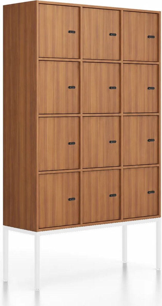 Kancelářská skříň FRAME, bílá podnož, 12x dveře, 1299 x 450 x 2185 mm, mechanický kódový zámek, ořech