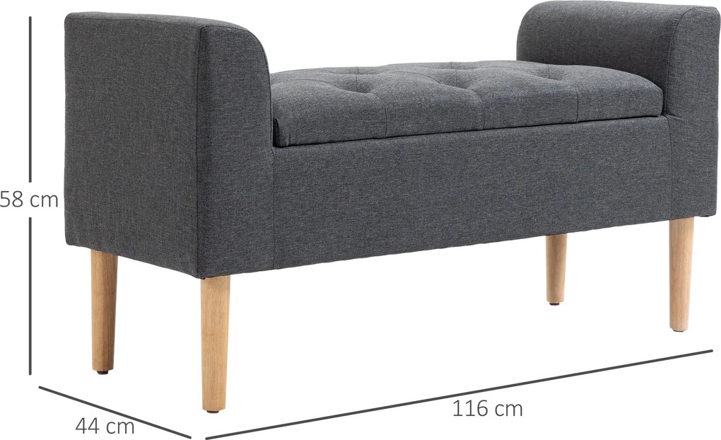 HOMCOM Vycpaný úložný otoman s opěrkami, úložná lavička do ložnice, předsíně nebo obýváku, nosnost 130 kg, rozměry 116 x 44 x 58 cm (Tmavě šedá)