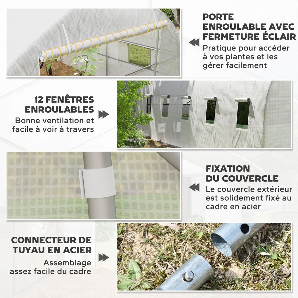 Outsunny Tunelový Skleník 24 m² s PE Krytem a Pozinkovaným Ocelovým Rámem Ø 24 mm 12 Zelených Oken a Rolovacích Dveří 8 x 3 x 2 m Bílá