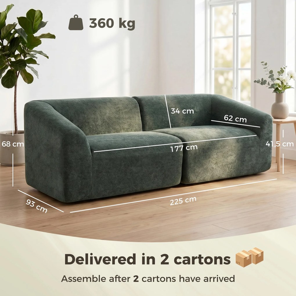 HOMCOM 3-místná pohovka z čenilu 225 cm, moderní čalouněná obývací pohovka s širokým sedákem, polštáře s pružinovým jádrem, tmavě zelená