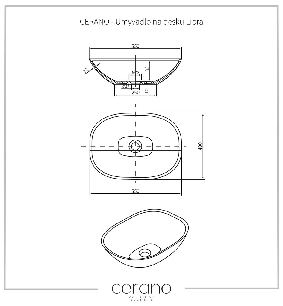 Cerano Libra, umyvadlo na desku z litého mramoru 550x400x135 mm, bílá matná, CER-CER-WB16