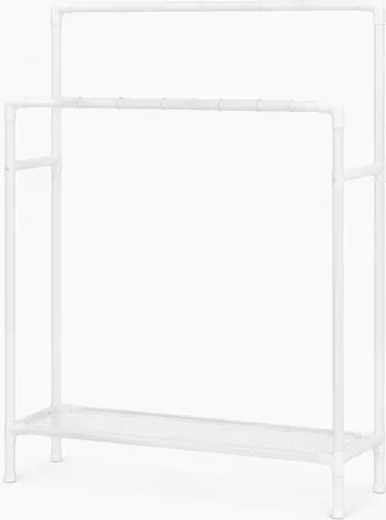 věšák, stojan na šaty, 2 tyče, police na boty, kov/plast, 140x82x43 cm, bílá, Dekorino TK20260026