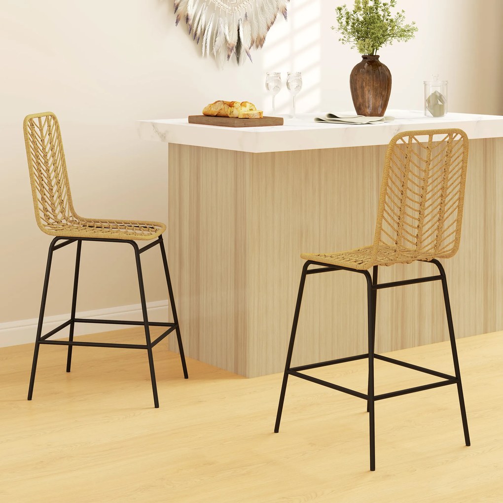 Barová židle HOMCOM, sada 2 kusů s opěradlem, barová židle v ratanovém vzhledu, kuchyňská židle v boho designu, robustní ocelové stoličky, žlutá | Ao…