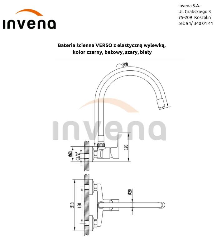 Invena Verso, nástěnná kuchyňská baterie 150mm s elastickým ramenem, černá matná-zlatá lesklá, INV-BC-82-E49-L