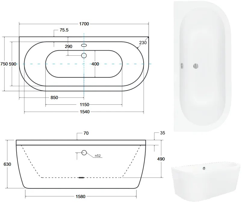 NIKIDO - B Přístěnná vana VISTA 140, 150, 160, 170 Rozměry: 160 x 75cm