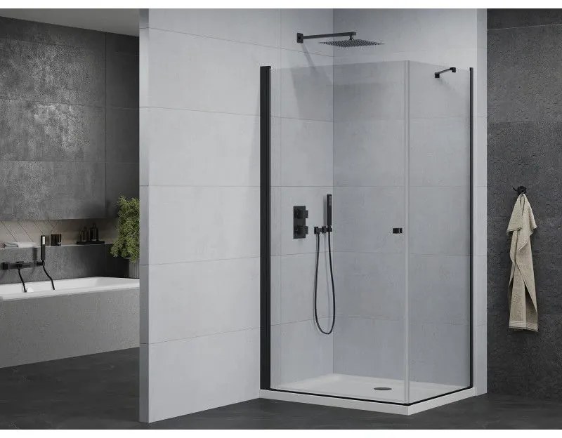 Mexen Pretoria, sprchový kout 90(dveře) x 80(stěna) x 190 cm, 6mm čiré sklo, černý profil + slim sprchová vanička 5cm, bílá, 852-090-080-70-00-4010B