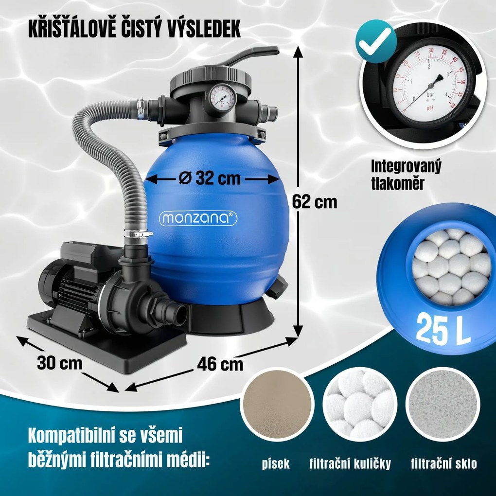 Písková filtrace k bazénu AQUA s filtračními kuličkami, 10 200 l/h, modrá Monzana