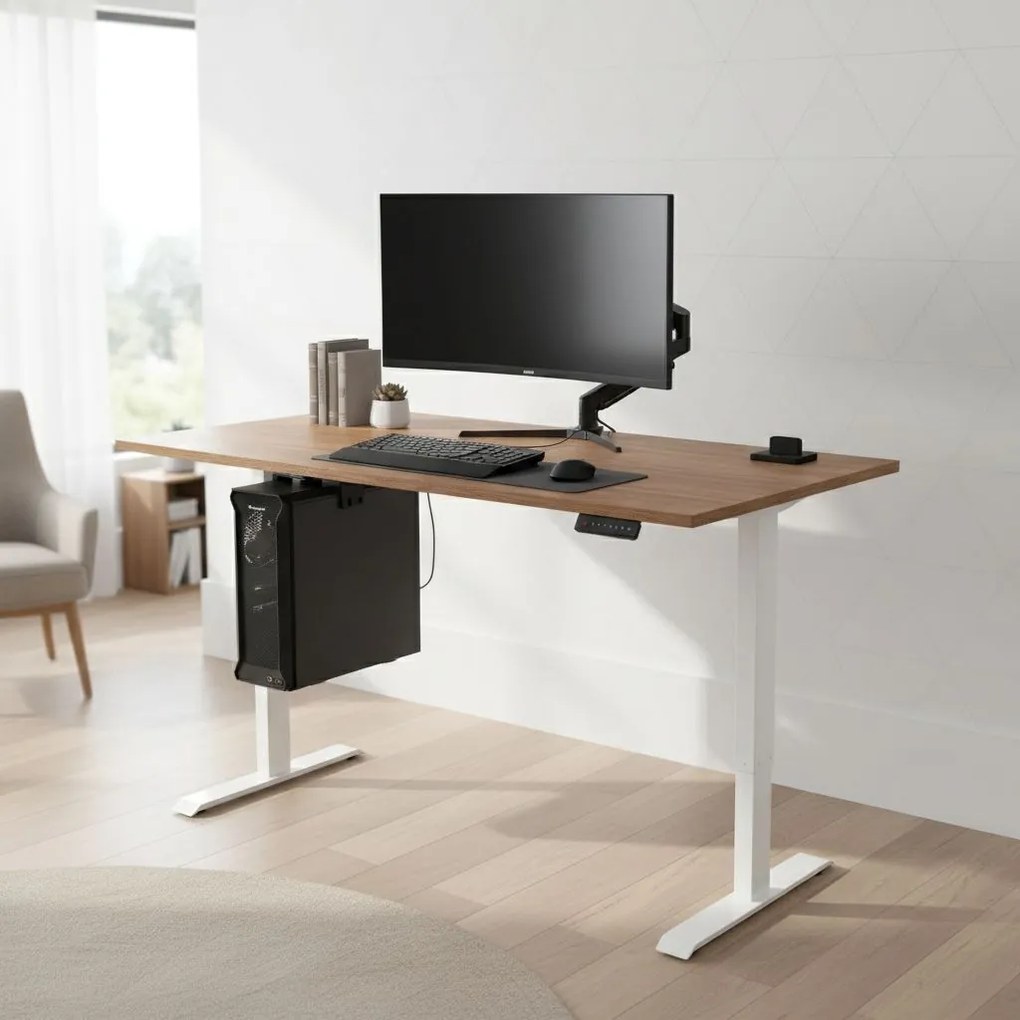 Výškově nastavitelný stůl OfficeTech B, 140 x 80 cm, bílá podnož, dub silverjack