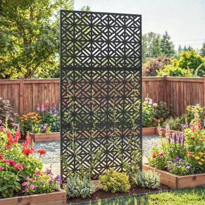 Outsunny Dekorativní zástěnový panel pro venkovní použití, claustra dekorativní zahrada 3 panely s geometrickým vzorem, ocel 92x40x192 cm, černá