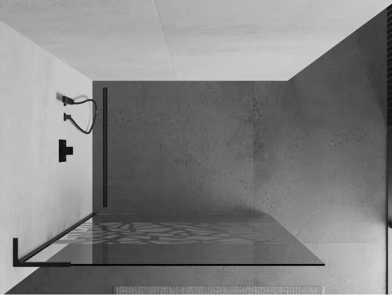 Mexen Kioto L, sprchová zástěna Walk-In 80 x 200 cm, 8mm čiré sklo bílý vzor, černý profil, 800-080-103-70-85