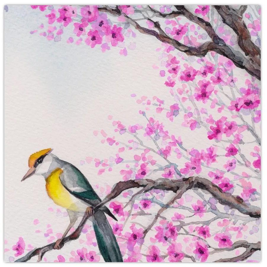 Obraz - Ptáček na stromě s růžovými květy (30x30 cm)