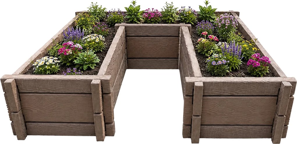 Báča Beton Betonový vyvýšený záhon - imitace dřeva 200 x 200 cm tvar U Výška záhonu: 50 cm, Barva záhonu: Hnědá