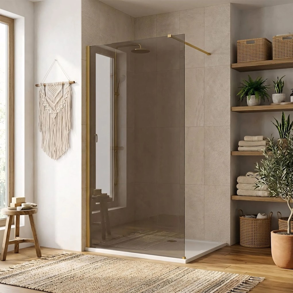 Bezrámová sprchová zástěna REA FLEXI GOLD BRUSH 110 cm, zlatá kartáčovaná/hnědá kouřová - bez vaničky