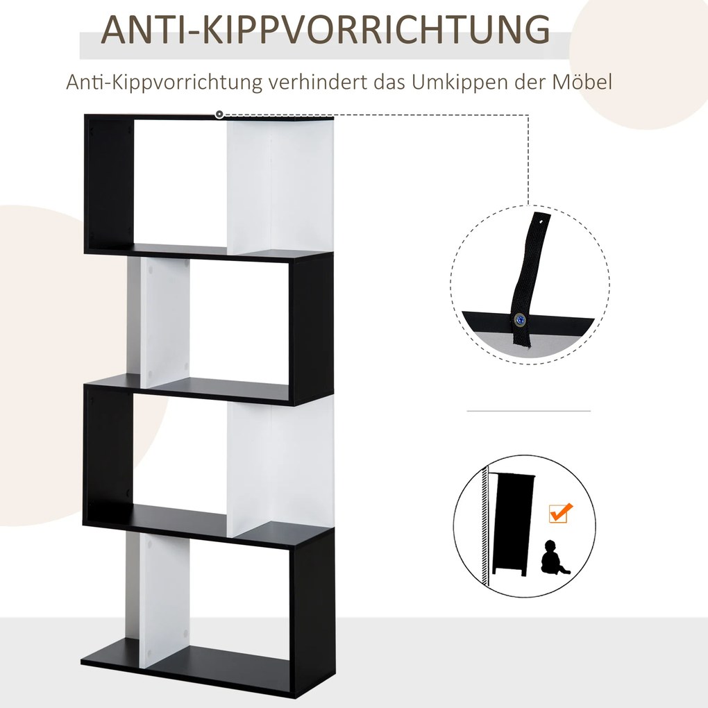 HOMCOM Moderní S-šatková knihovna s úložným prostorem, 4 police 60D x 24Š x 148V cm, černá/bílá