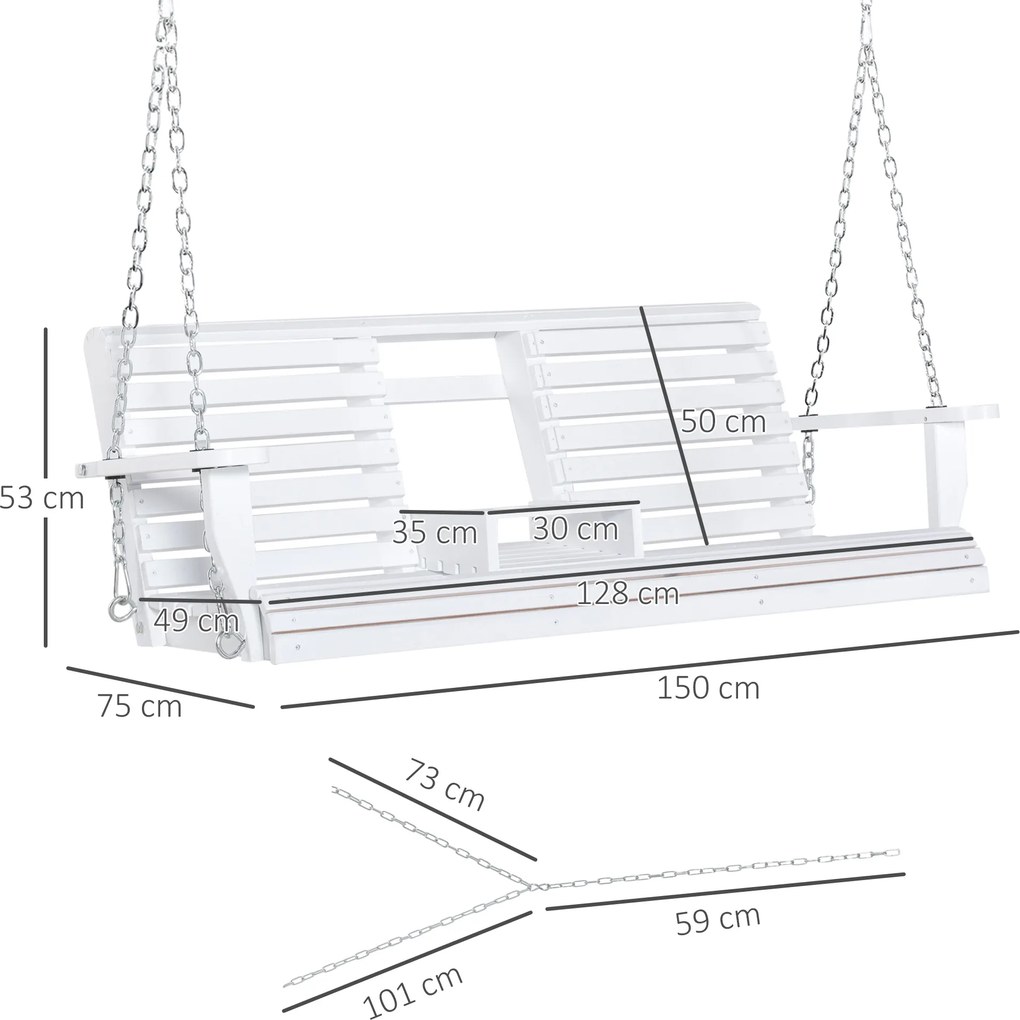 Outsunny závěsná lavice zahradní houpačka houpací lavice se skládacím stolkem pro 2-3 osoby jedlové dřevo pohodlná terasa 150 x 75 x 53 cm Bílá | Aos…