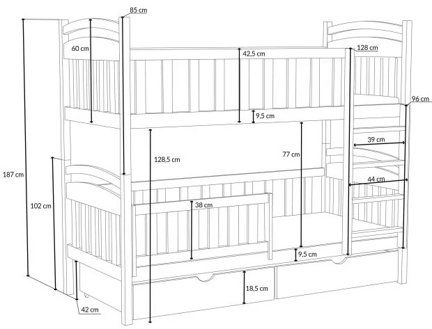 Dětská patrová postel z masivu borovice KRISTEN se šuplíky - 200x90 cm - BÍLÁ
