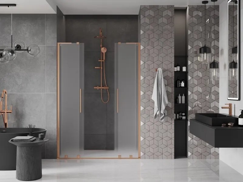Mexen Velar L Duo, posuvné sprchové dveře do otvoru 160 cm, 8mm sklo námraza, měděná matná, 871-160-003-32-65