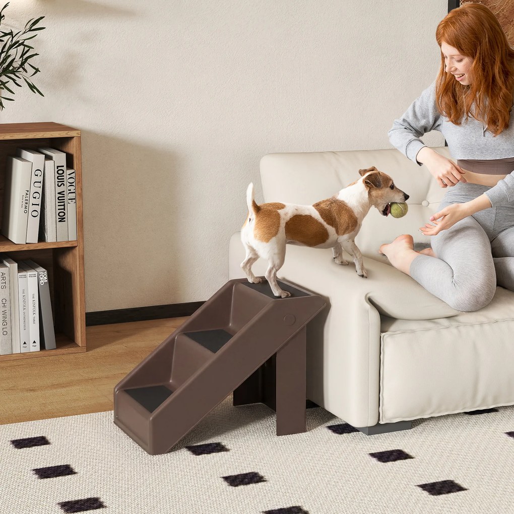 PawHut třístupňové skládací schůdky pro psy a kočky, výška 36,5 cm, hnědá