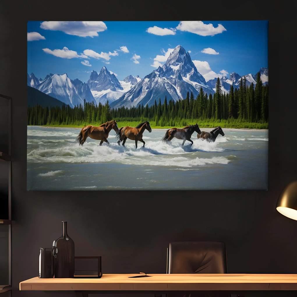 Obraz na plátně - Koně brodí řeku v horách FeelHappy.cz Velikost obrazu: 60 x 40 cm