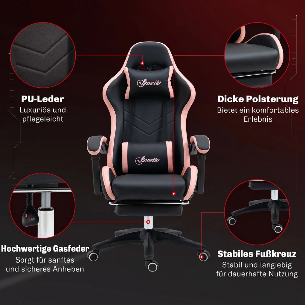 Vinsetto Herní Křeslo Racing Gamer Křeslo PU Kůže s Nastavitelnou Výškou, Polohováním 135°, Opěrkou Hlava, Bederní Oporou a Sklopným Podnožím pro Kan…