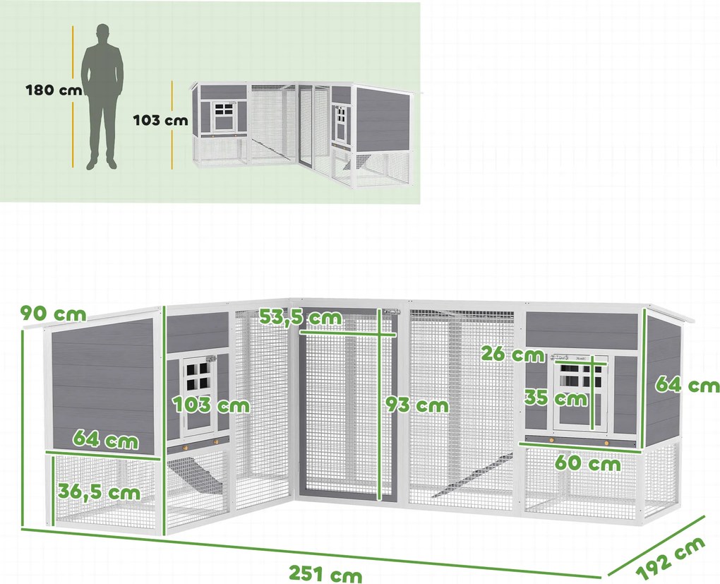 Kurník Dřevěný kurník ve tvaru písmene L se 2 kurníky, 2 úrovně, výběh, rampa, 251 x 192 x 103 cm Šedý