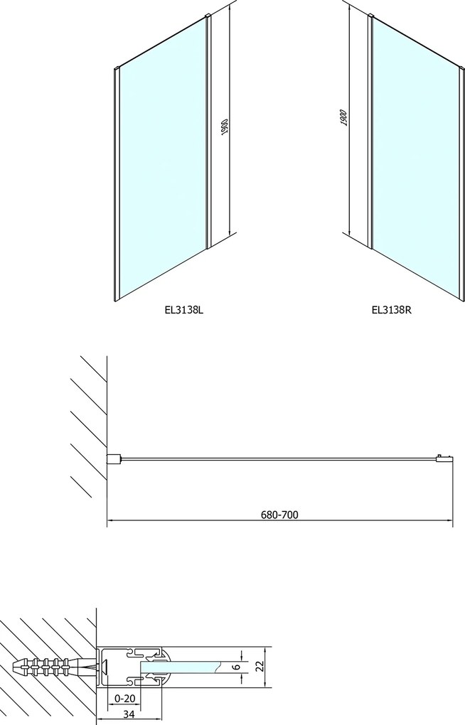 Polysan Polysan, EASY LINE sprchová boční stěna 700mm, sklo BRICK, EL3138