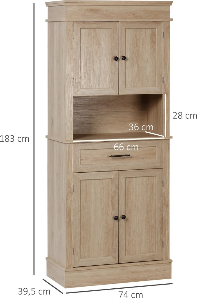 HOMCOM Kuchyňská skříň s mikrovlnnou troubou a bufetovým kabinetem se 4 dvířky, 1 šuplíkem a otevřenou policí pro obývací pokoj 74x39,5x183 cm Dub