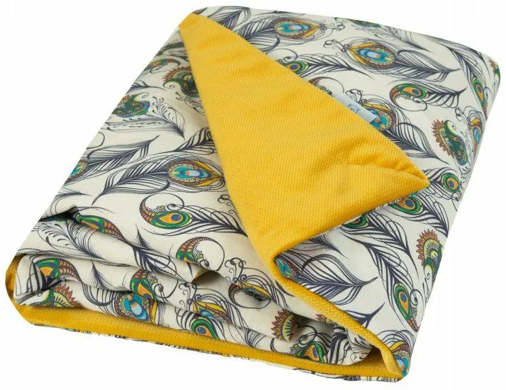 BabyMatex Dětská deka 75x100 Velvet 7 peří páva šedá hořčice bavlněná dětská deka