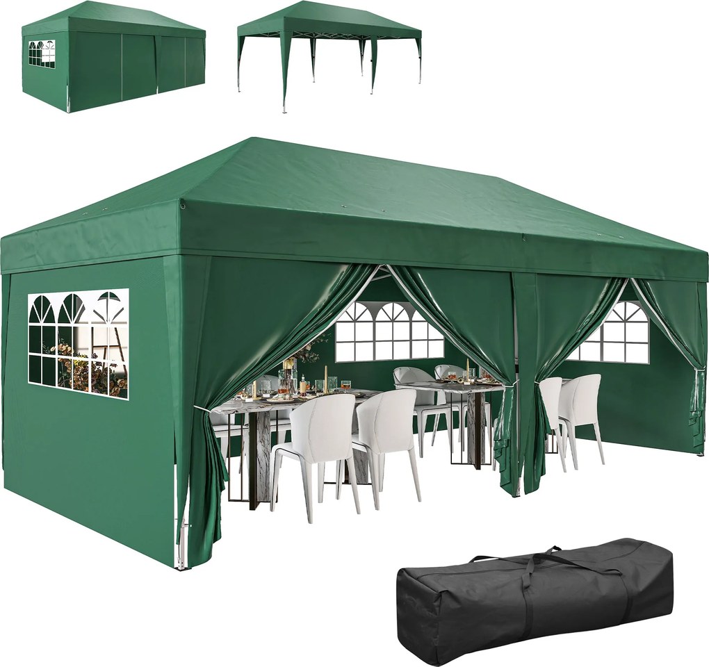 Outsunny pavilon přibližně 5,90 × 2,95 m – skládací pop‑up altán s okny a zipovými dveřmi, odnímatelné stěny, UV ochrana, tmavě zelený | Aosom