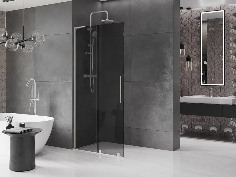 Mexen Velar L, posuvná sprchová zástěna Walk-in 110 x 200 cm, 8mm šedé sklo, broušená ocel, 871-110-003-43-97