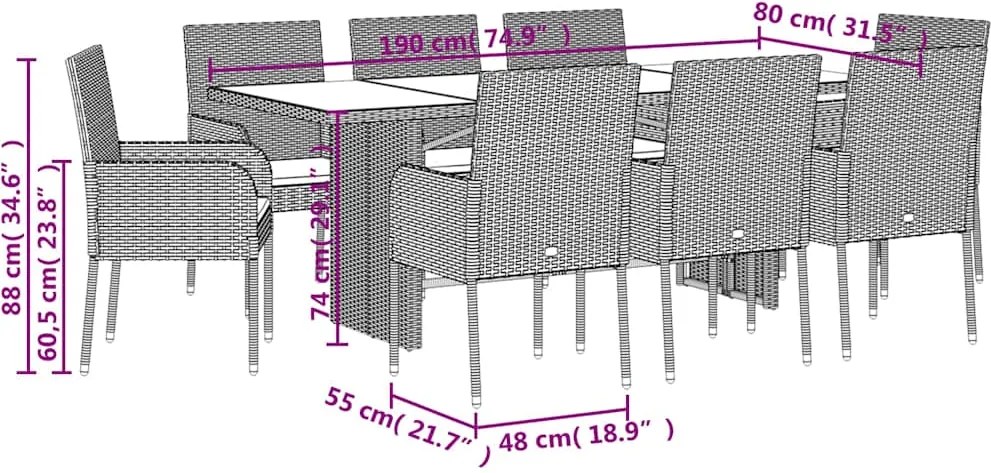 9dílný zahradní jídelní set s poduškami černý polyratan 3213511