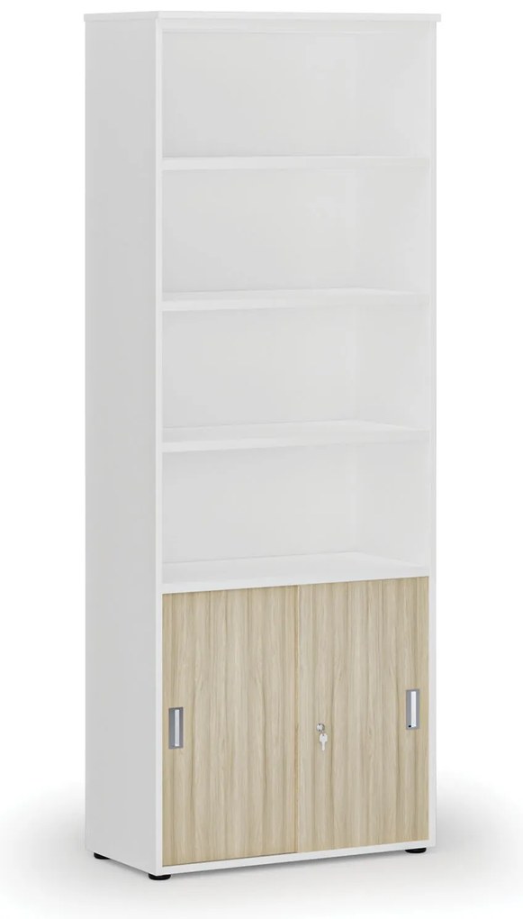 Kombinovaná kancelářská skříň PRIMO WHITE, zasouvací dveře na 2 patra, 800 x 420 x 2128 mm, bílá/dub přírodní