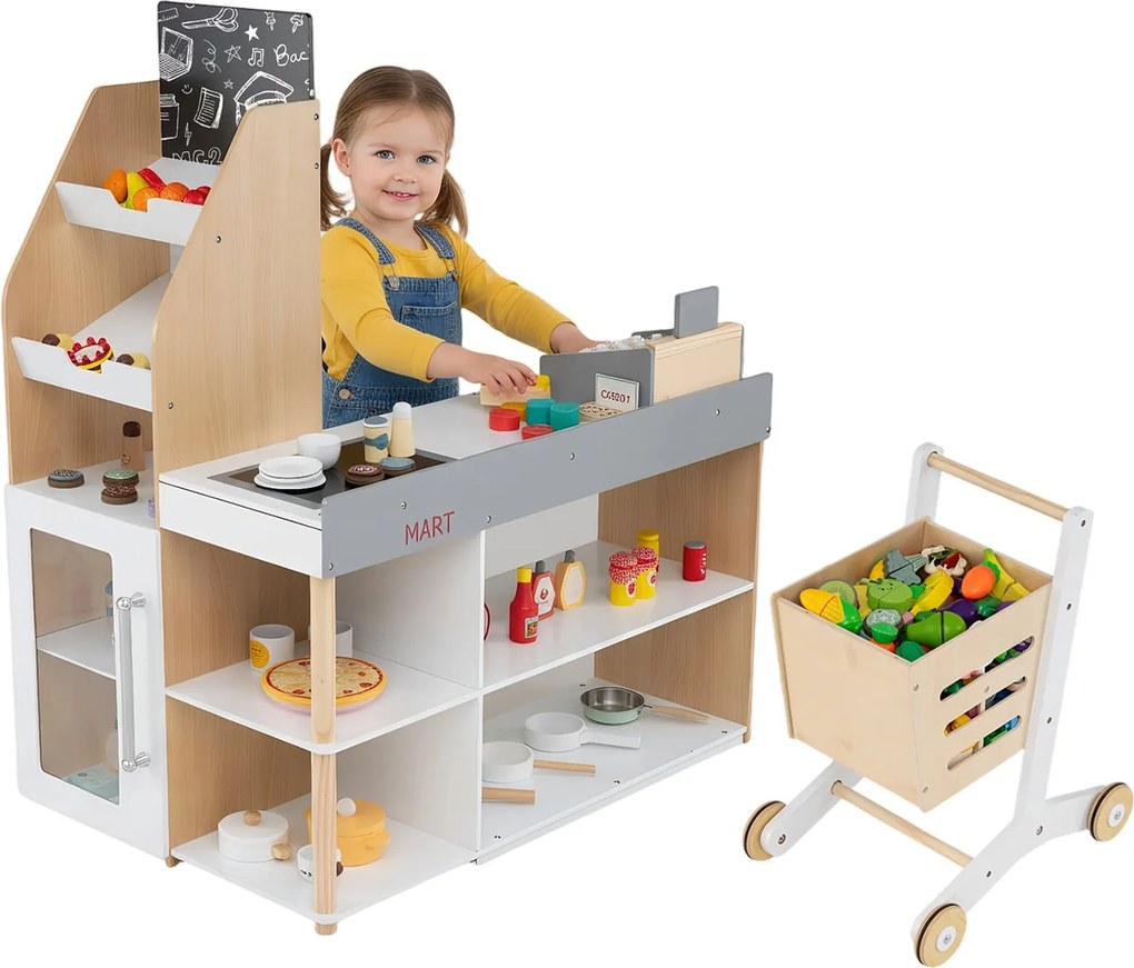 Costway Dětský supermarketový dřevěný obchod pro dívky a chlapce od 3 s tabulí