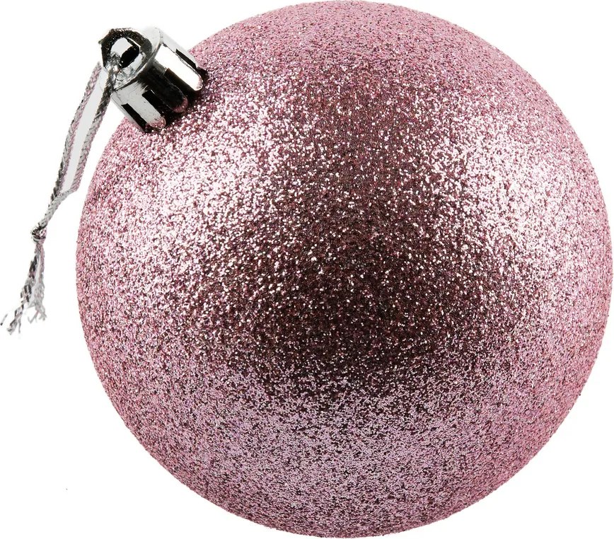 Sada vánočních ozdob růžová glitter 8 cm plastové koule, balení 6 ks