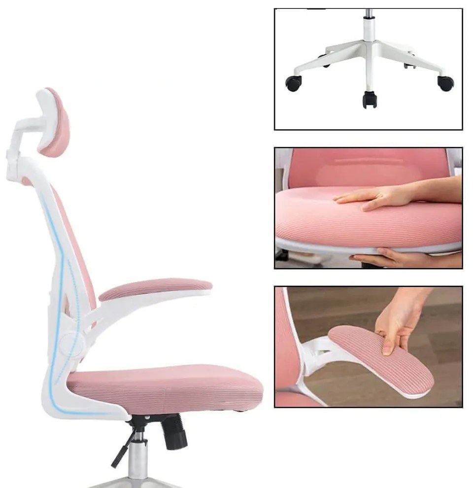 Ergonomická kancelářská židle s bederní opěrkou a opěrkou hlavy, růžová