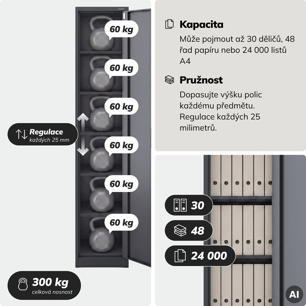 Kartotéková skříň na spisy uzamykatelná na klíč vysoká antracitová, 450x2200x400 mm: ALEX H2200