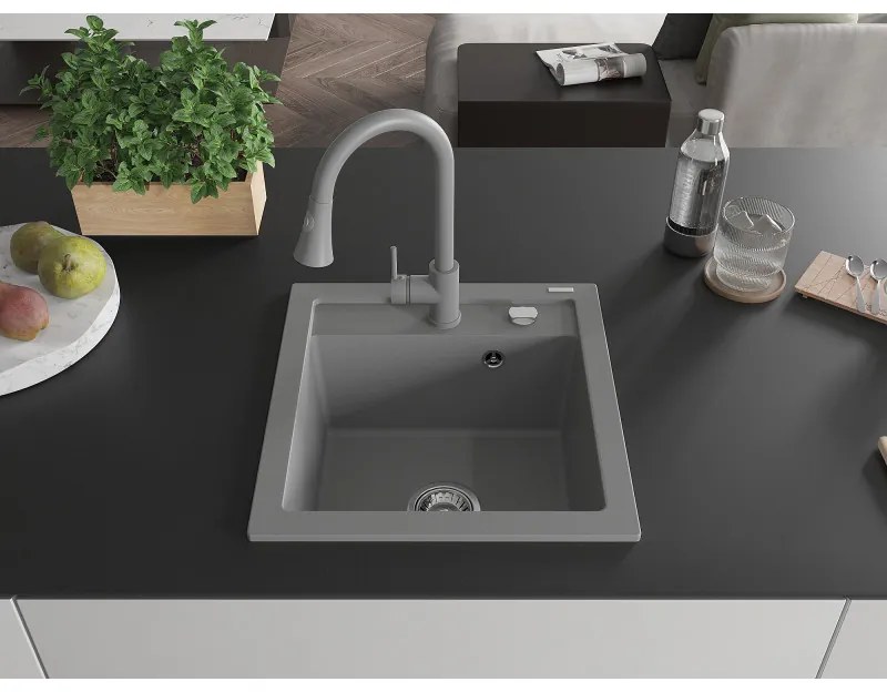 Mexen Vito, 1-komorový granitový dřez 490x520x210 mm a dřezová baterie Elia, šedá, 6503-71-670101-71