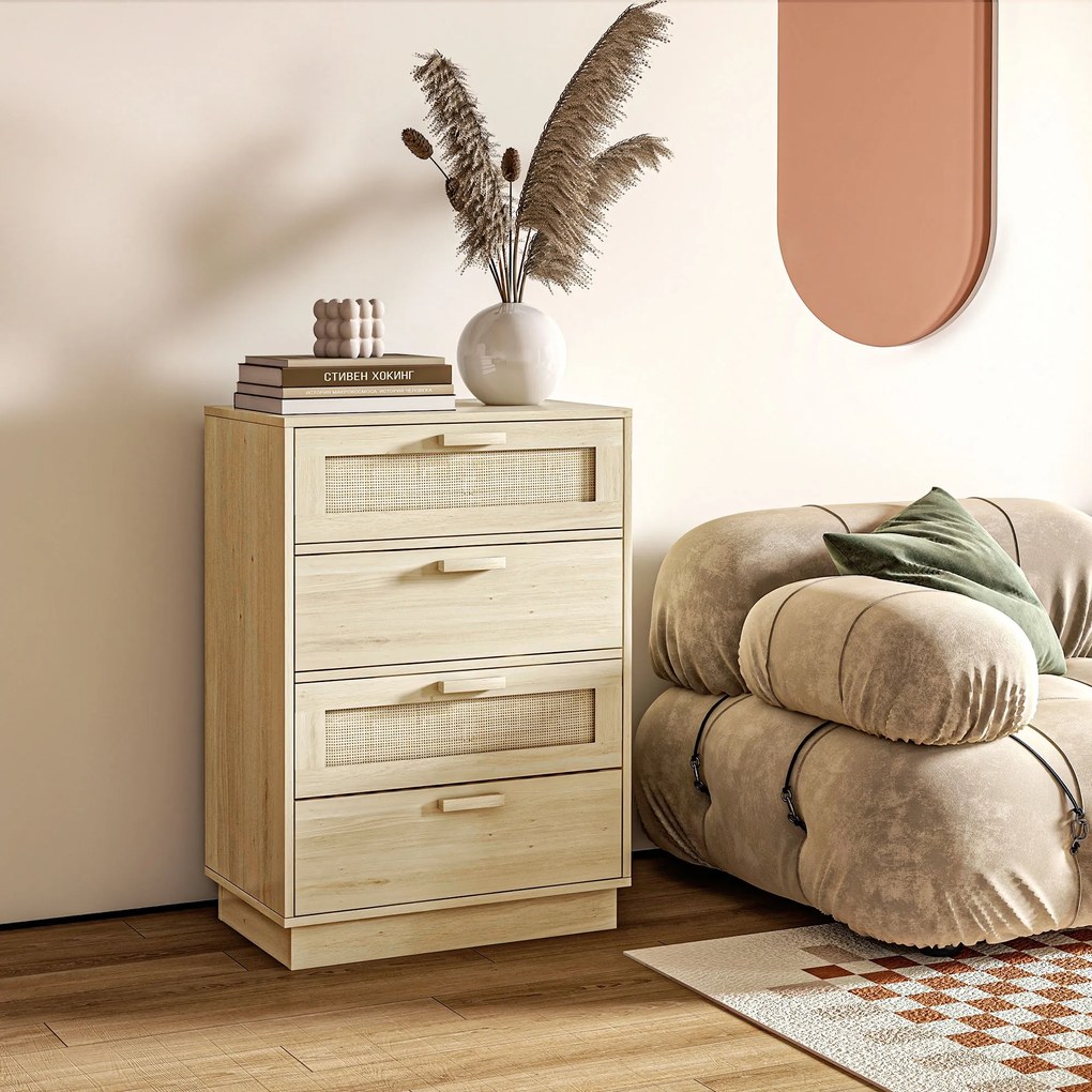 HOMCOM Noční stolek s rattanovými mřížkovými zásuvkami, bohémský styl, komoda do ložnice s protiskluzovým systémem 60x38x88,5 cm přírodní