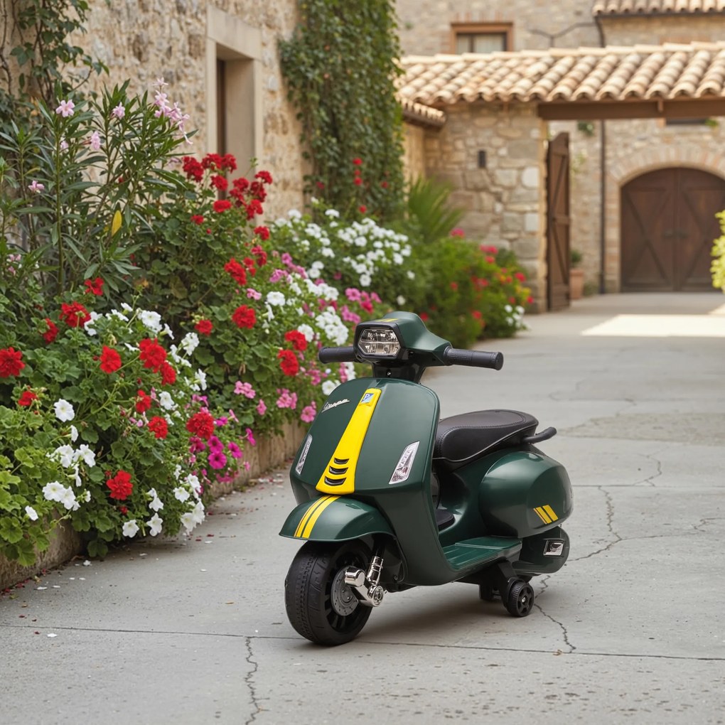 AIYAPLAY Dětská elektrická motorka s licencí Vespa, dobíjecí baterie 6V, pomocná kolečka a světlo, 2–6 let, tmavě zelená