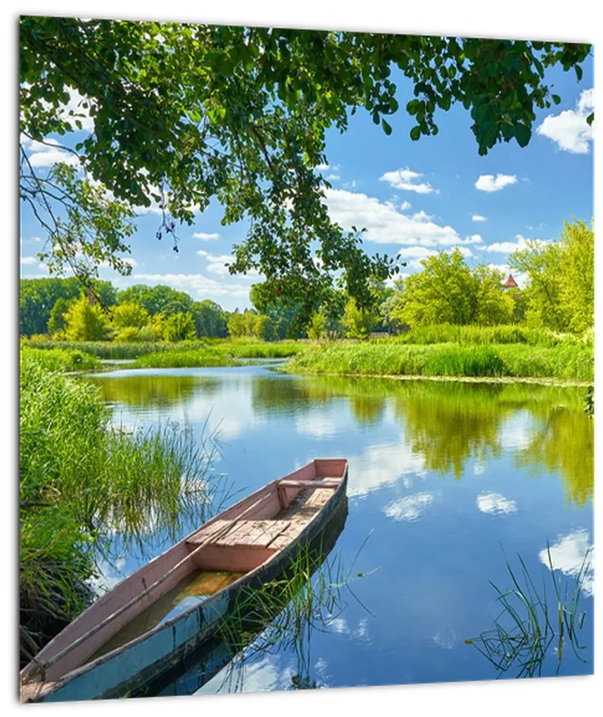 Obraz letní řeky s loďkou (30x30 cm)