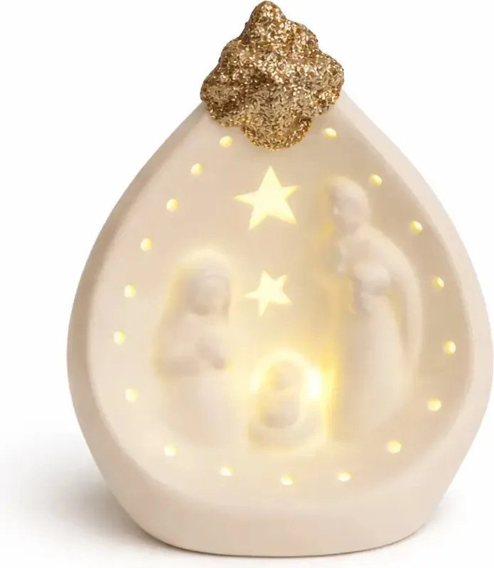 LED svítící betlém keramický 7,8 × 5,5 × 10 cm, teple bílá, 2× LR44