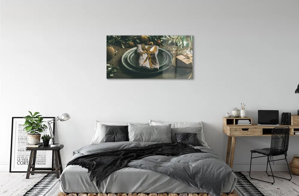 akrylový obraz Talíř příbory ozdoby dárky 100x50 cm