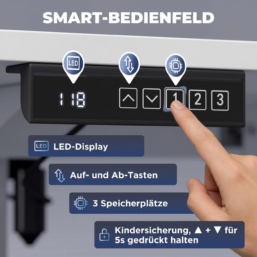 HOMCOM Výškově nastavitelný stůl s paměťovou funkcí, 2 průchody pro kabely a LED displej, stojací-sedadlový stůl, bílá