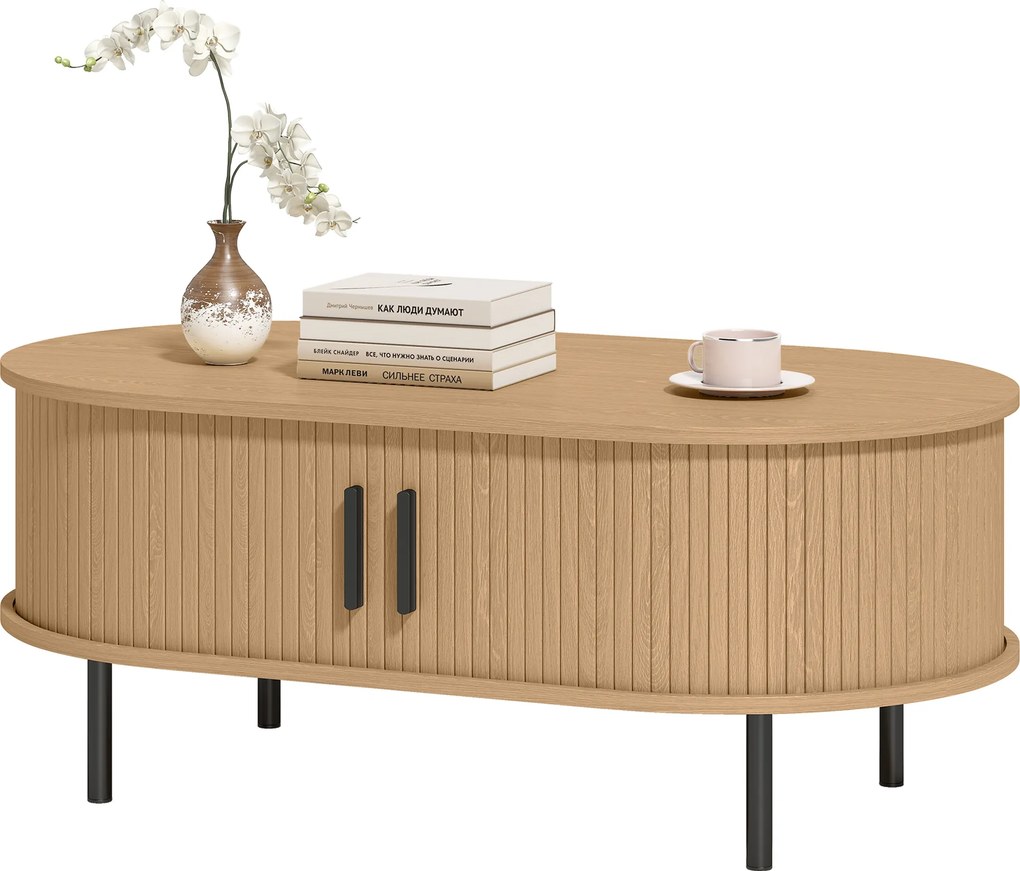 HOMCOM Oválný konferenční stolek z dřeva, moderní obývací stolek s posuvnými dveřmi a skrytým úložným prostorem, 100x55x40 cm, přírodní dřevo